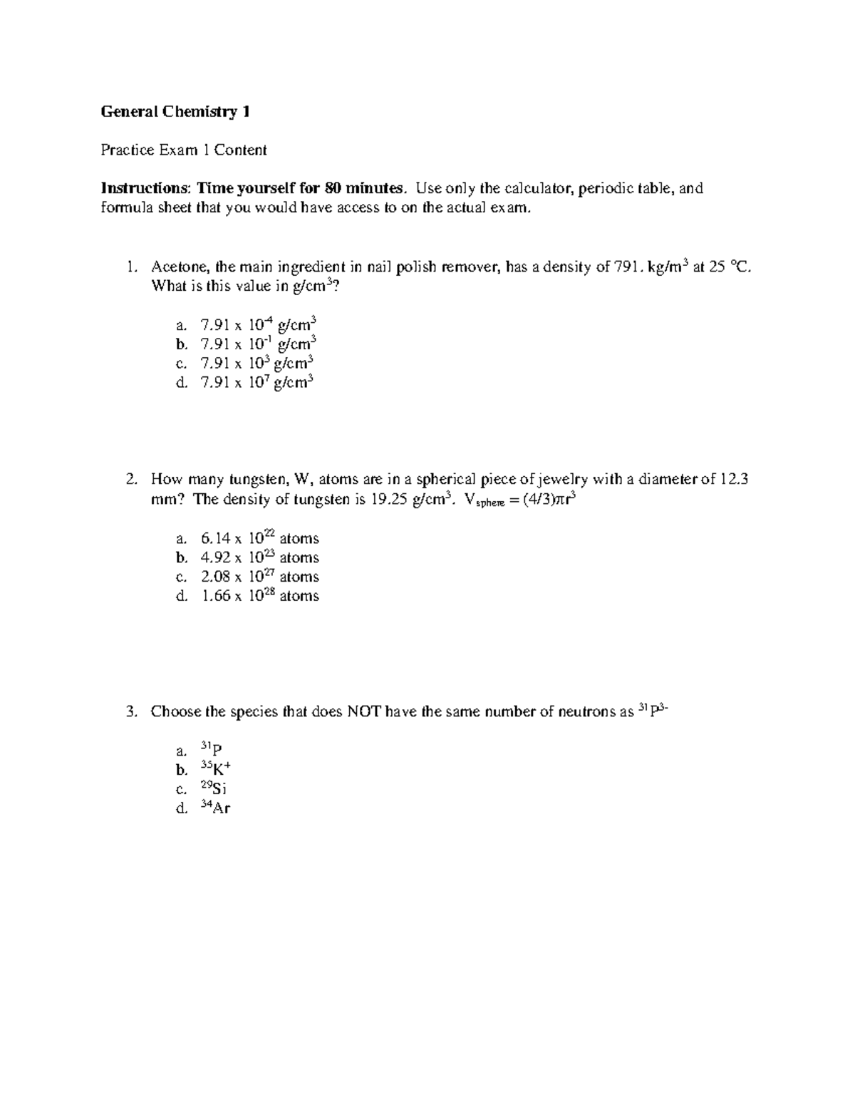 General Chemistry 1 Practice Exam 1 Review (Fall 2024) - Student Notes ...