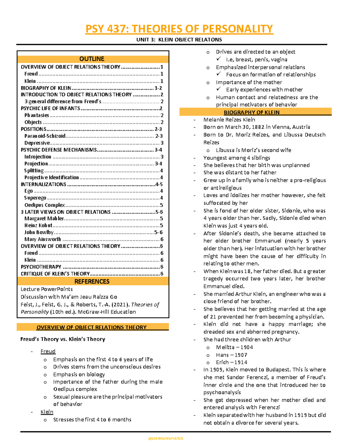 PSY 437: Unit 3 Overview of Klein's Object Relations Theory - Studocu