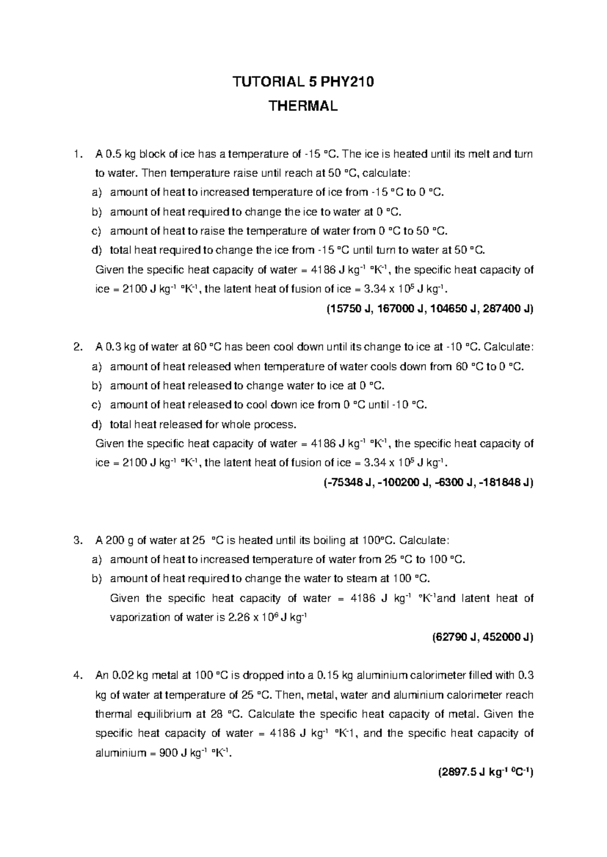 PHY210 Tutorial 5: Heat Transfer Calculations and Equilibrium - Studocu