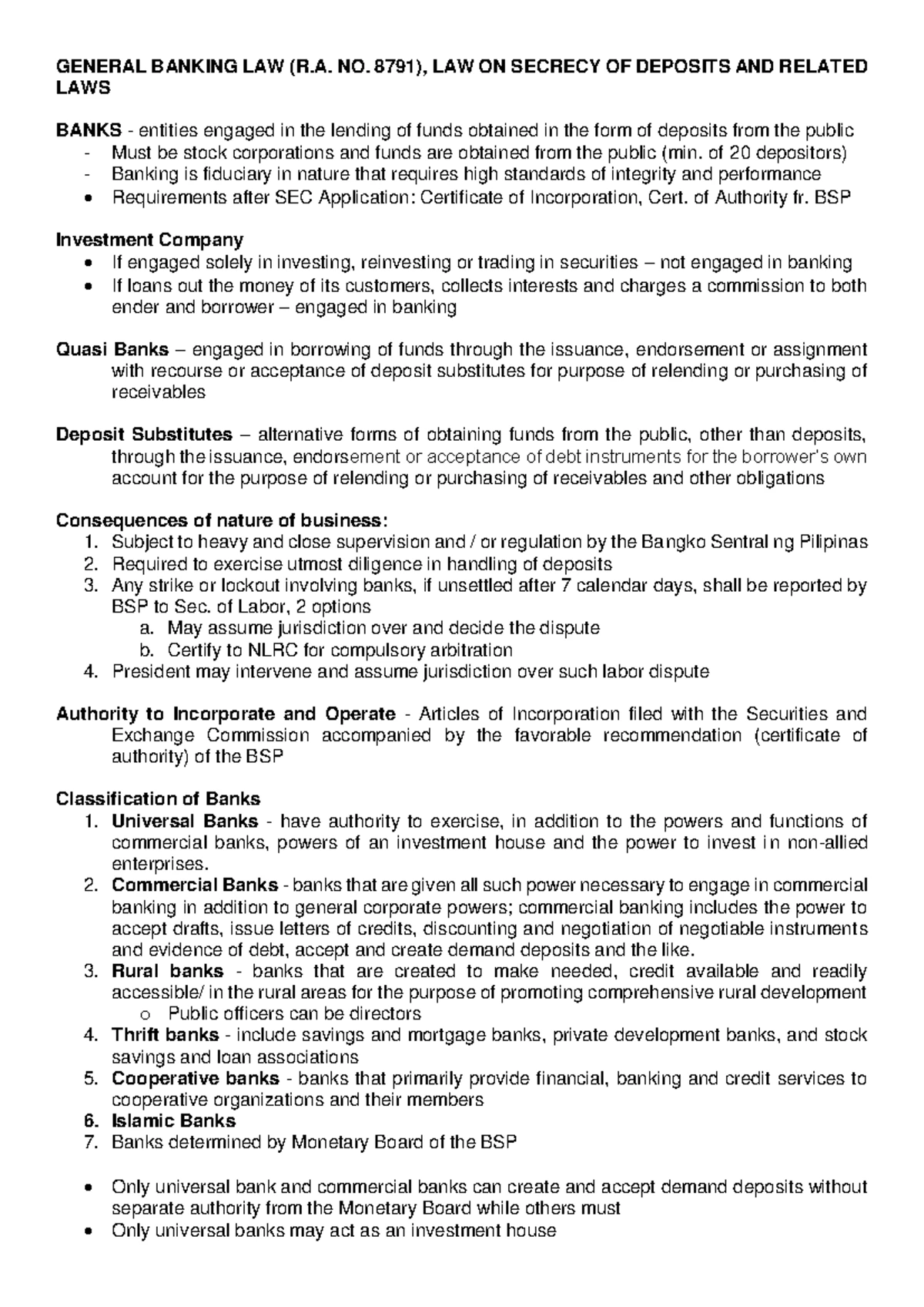 LAW- Banking Laws reviewer and notes - BANK SECRECY LAW (RA 1405, AS ...