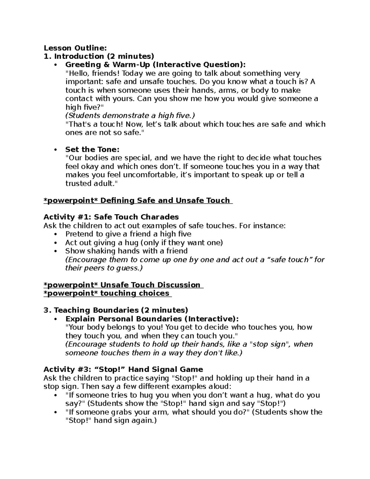 Lesson Outline-Unsafe and Safe Touches - Lesson Outline: 1 ...