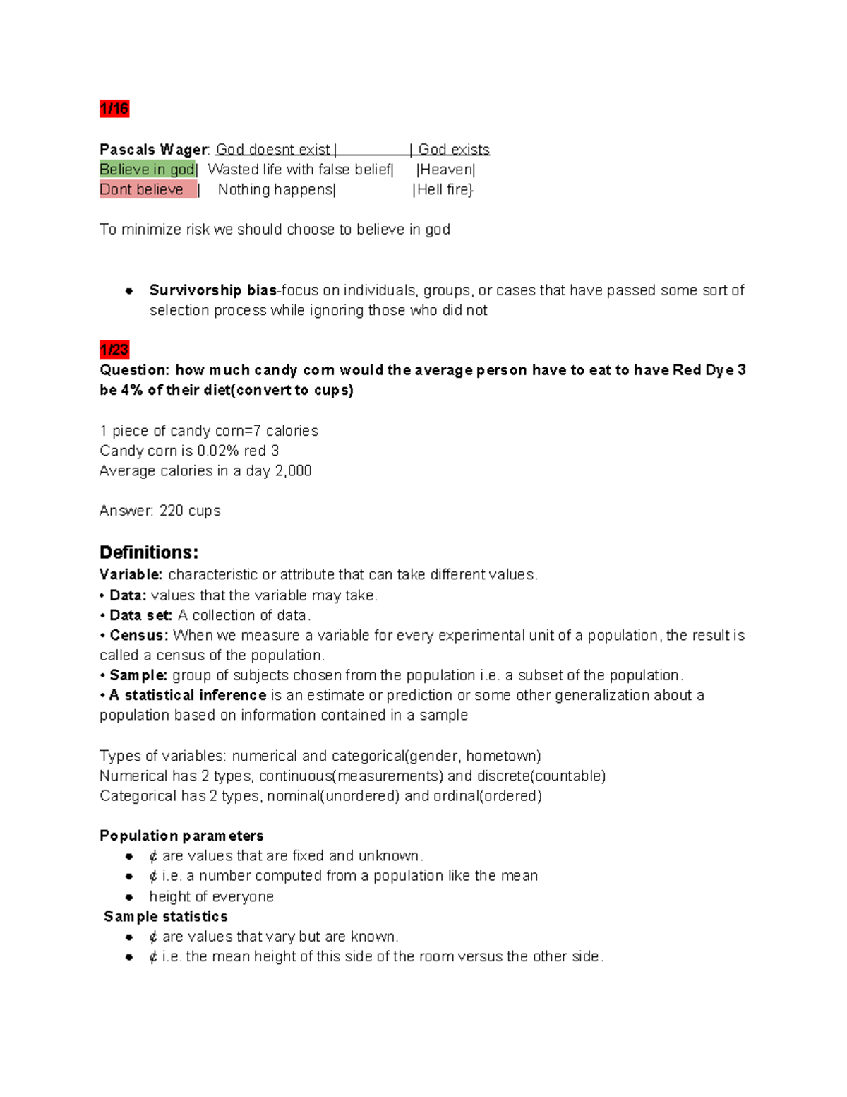 DAT 120: Pascal's Wager & Statistical Inference Notes - Studocu