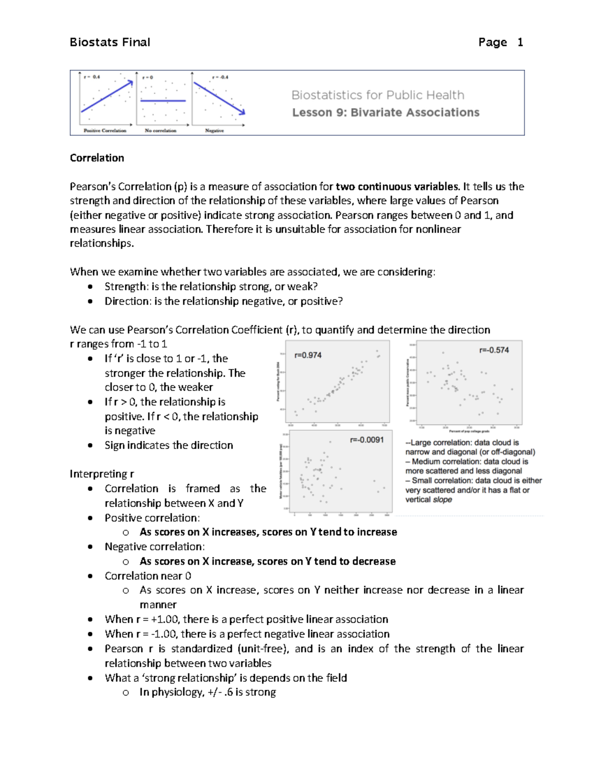 Biostatistics Final study guide - Correlation Pearson's Correlation (p ...