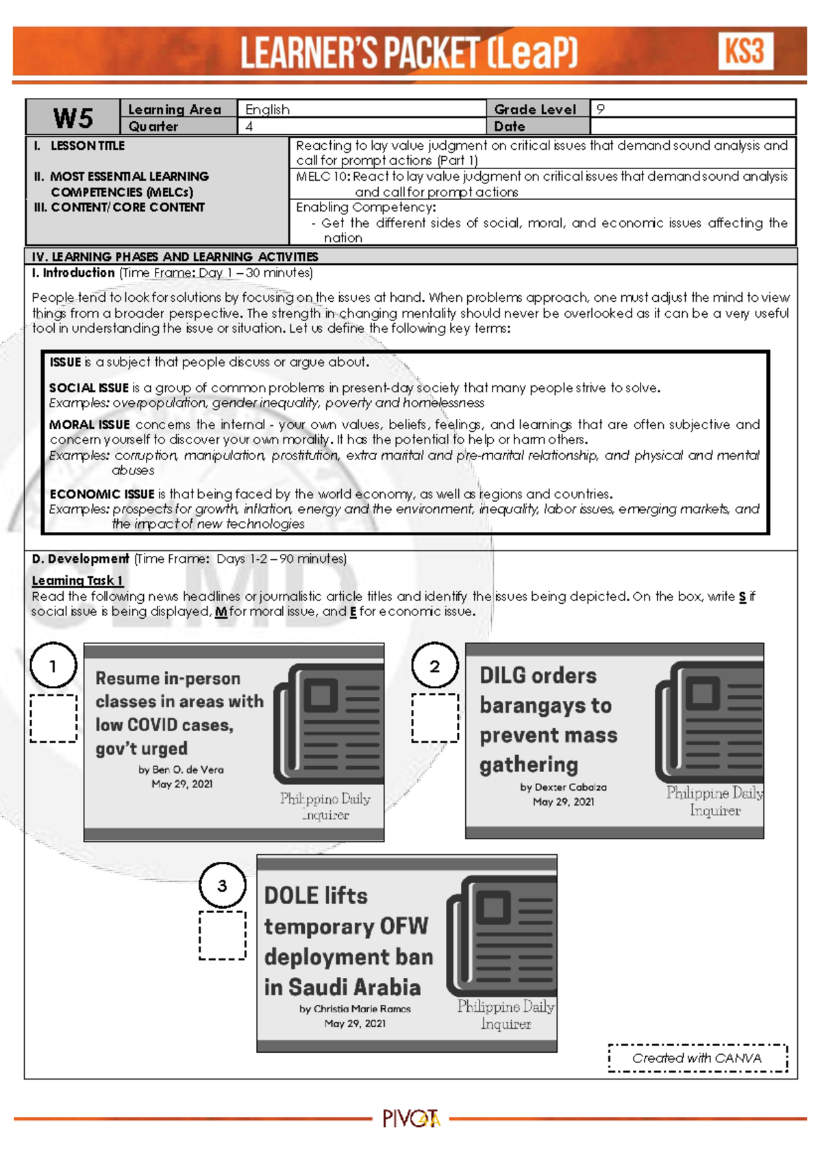 Q4-English-9-Week5 (Types of Issue) - W Learning Area English Grade ...