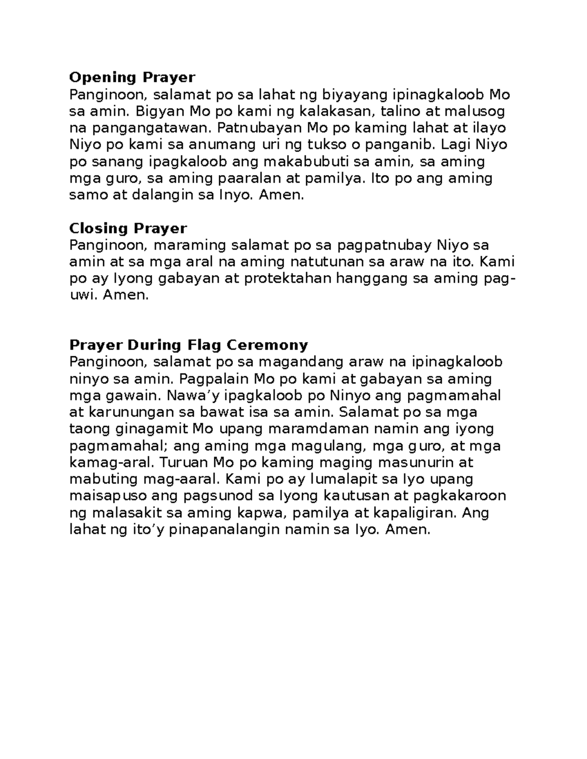 Panalangin - Simple Opening & Closing Prayers - Studocu