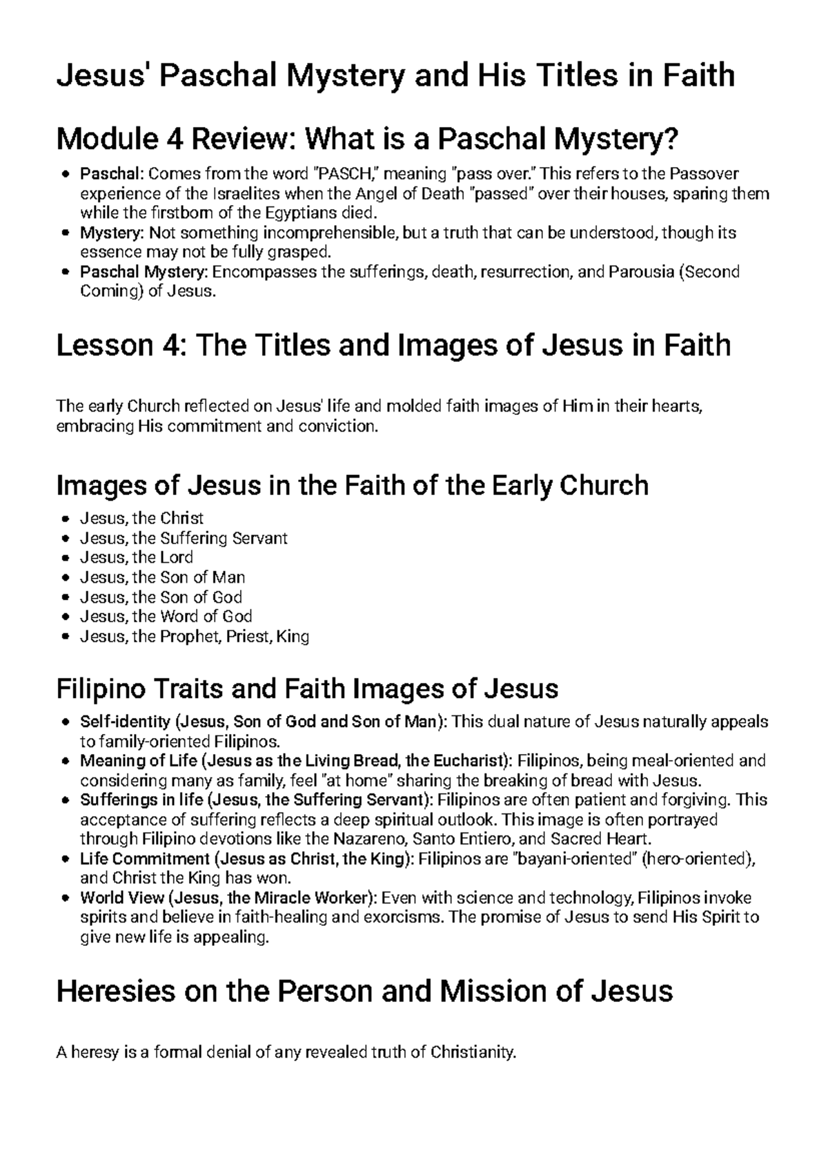Module 4: Study Guide on the Paschal Mystery and Titles of Jesus - Studocu