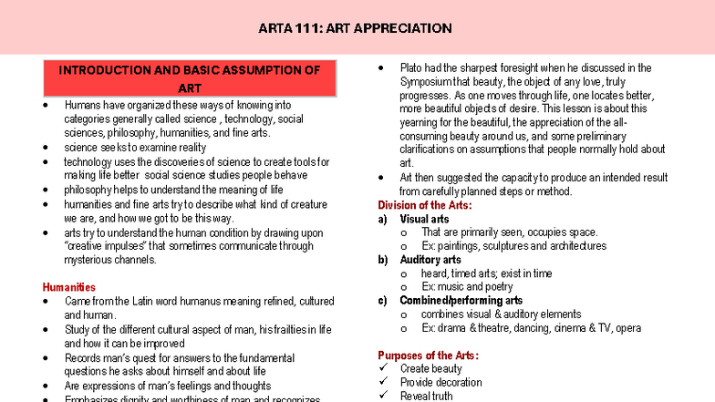 ARTA211 Lesson 1: Introduction to Art Appreciation and Humanities - Studocu