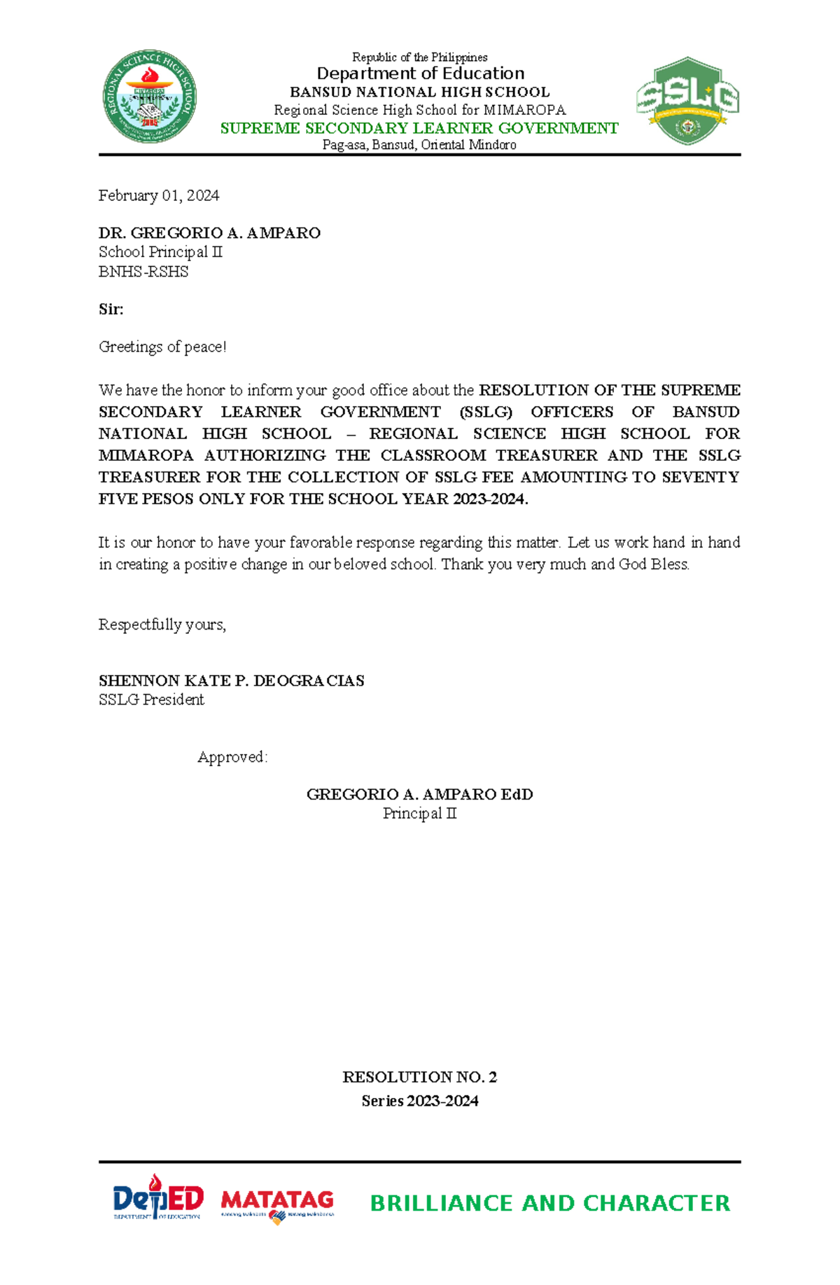 Resolution No. 2: SSLG Fee Collection for SY 2023-2024 at BNHS-RSHS ...