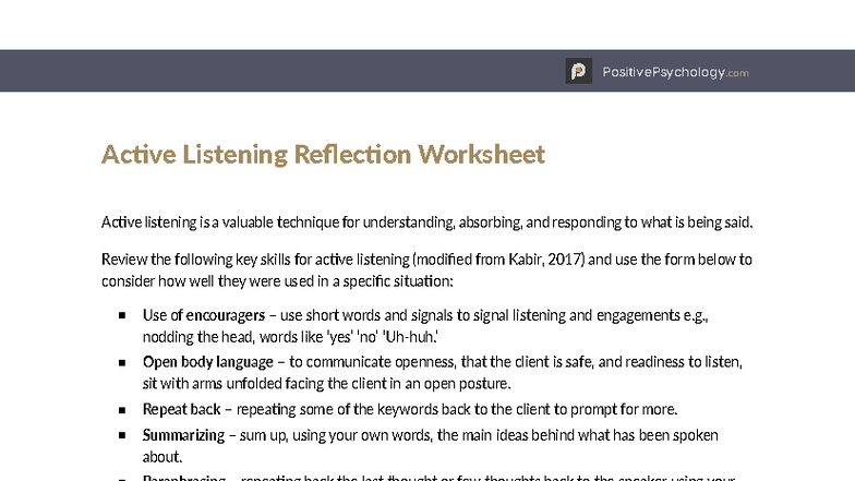 Active Listening Reflection Worksheet - PositivePsychology.com - Studocu
