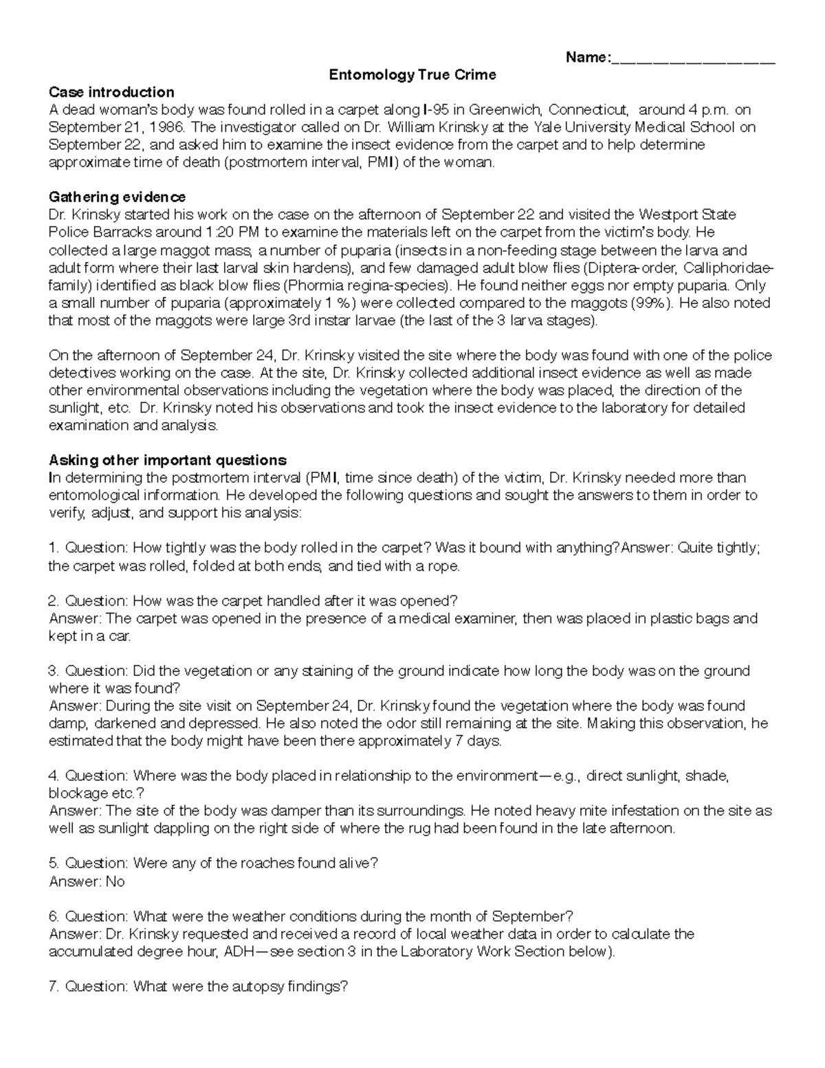 Entomology Case Study: Forensic Analysis of a 1986 Murder - Studocu