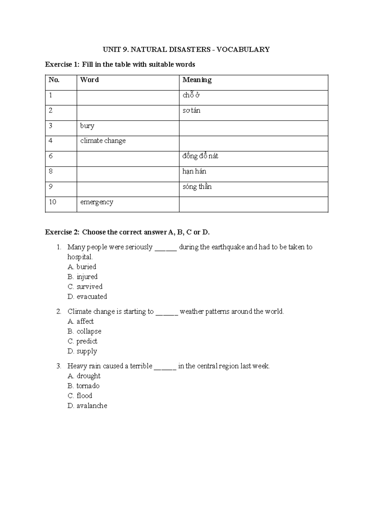 UNIT 9: Natural Disasters Vocabulary Exercises and Answers - Studocu