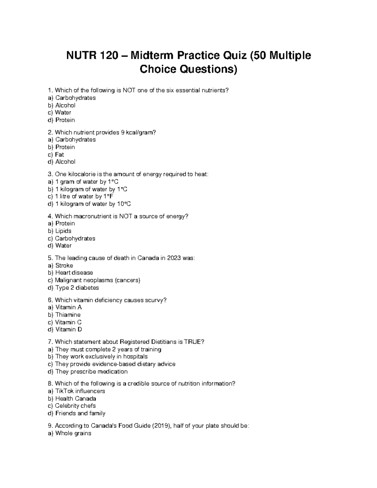 NUTR 120 Midterm Quiz: 50 Practice MCQs on Nutrition - Studocu