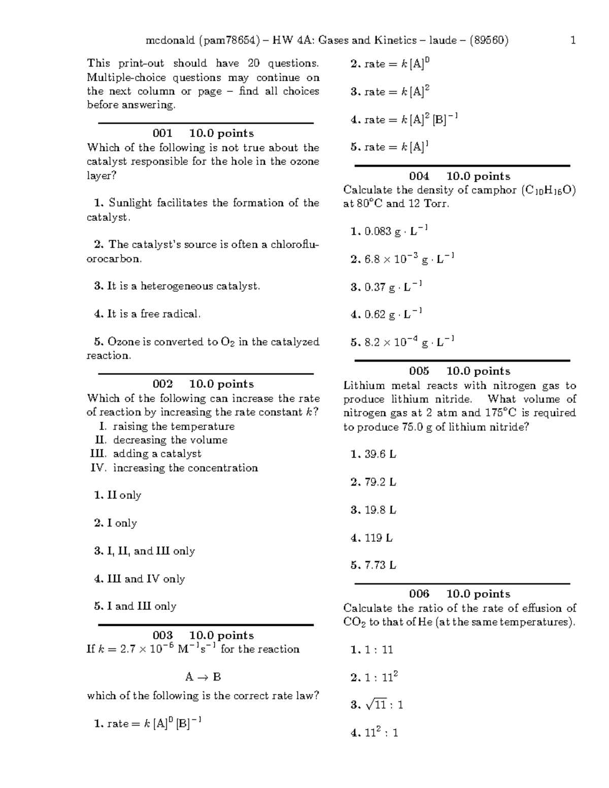 chemistry assignment - This print-out should have 20 questions ...
