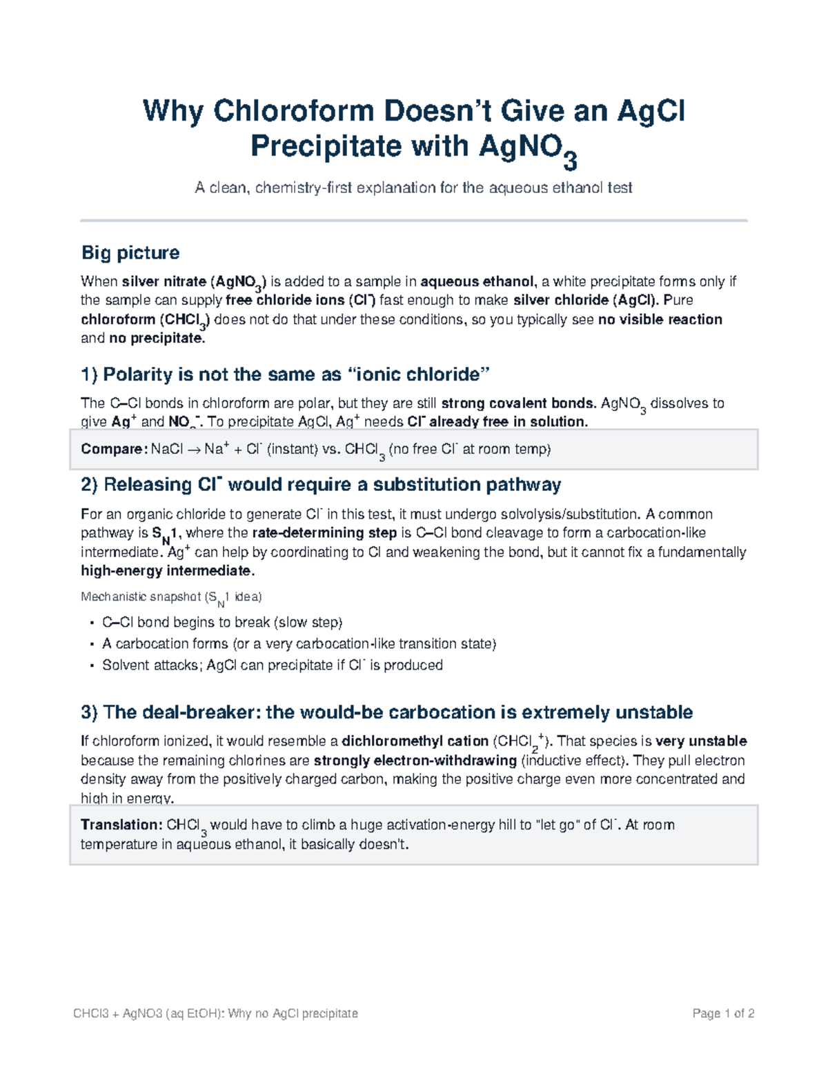 Chloroform and AgNO3: Understanding AgCl Precipitation Mechanism - Studocu