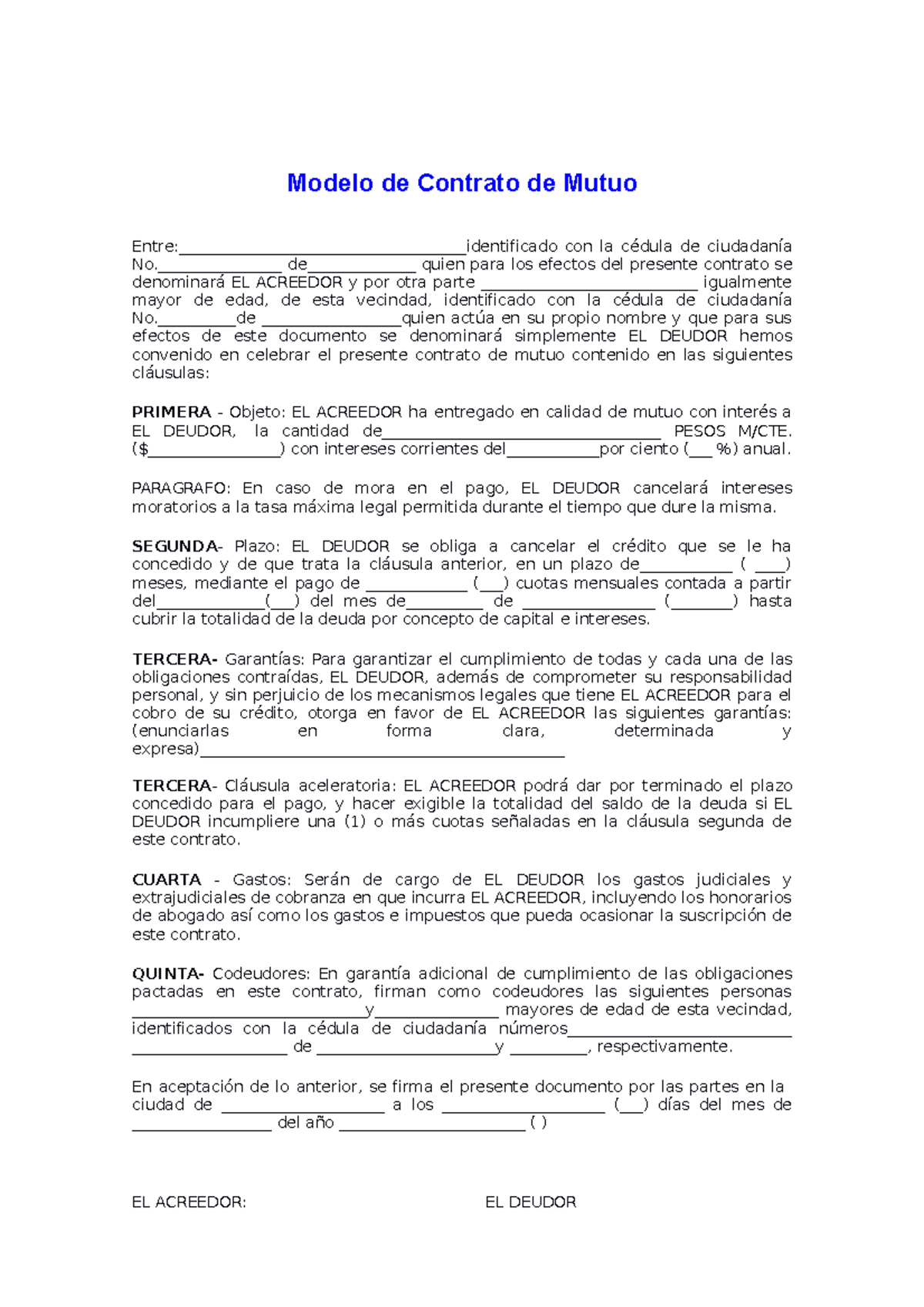 Contrato de Mutuo: Modelo y Cláusulas Esenciales para su Elaboración ...