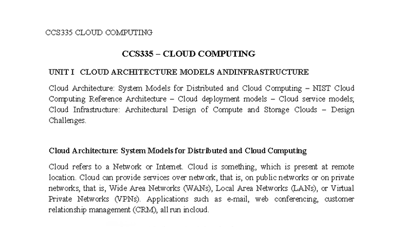 CCS335 Cloud Computing Unit I: Architecture & Infrastructure Overview ...