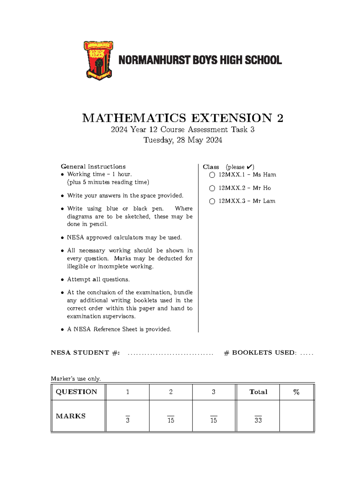 2024 Year 12 Mathematics Extension 2 Assessment Task 3 Questions ...