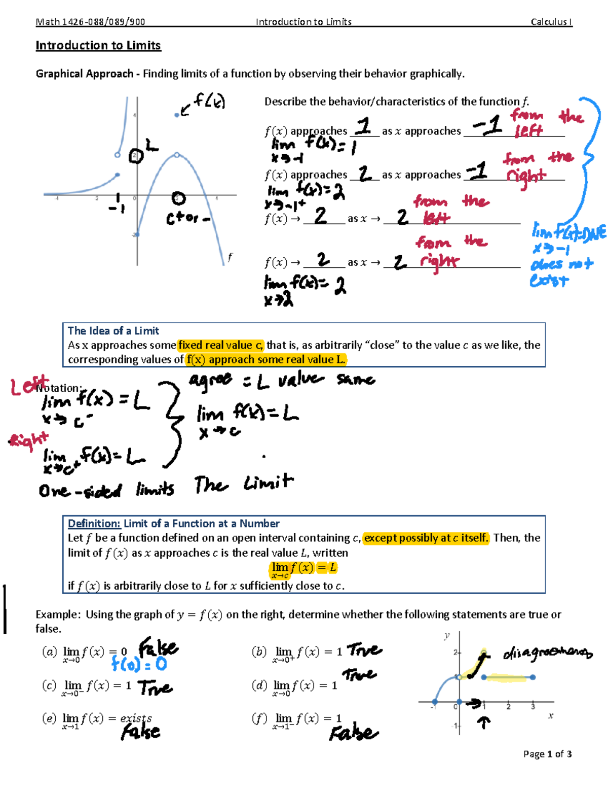 1.1 Introduction to Limits 393961301 - Math 1426-088/089/900 ...