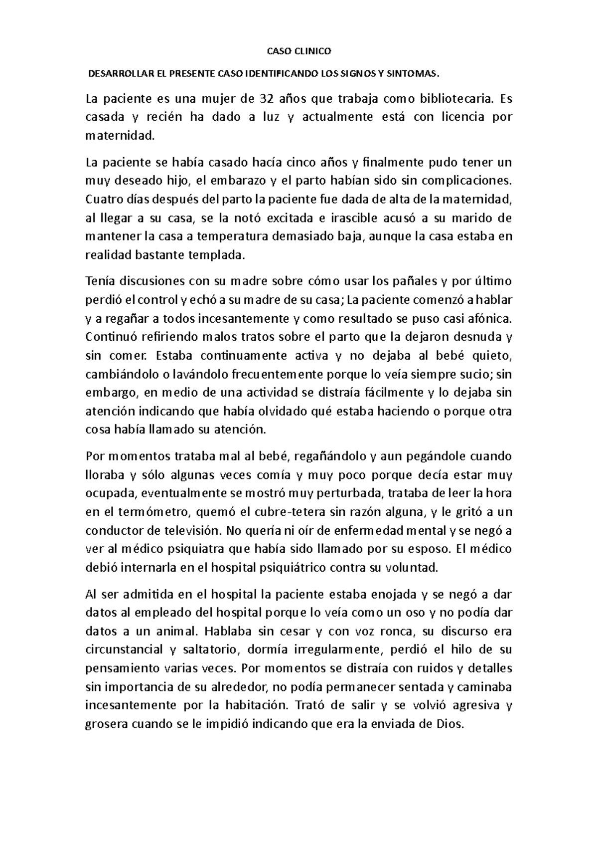 CASO CLÍNICO PSI5-2: Signos y Síntomas en Paciente Postparto - Studocu