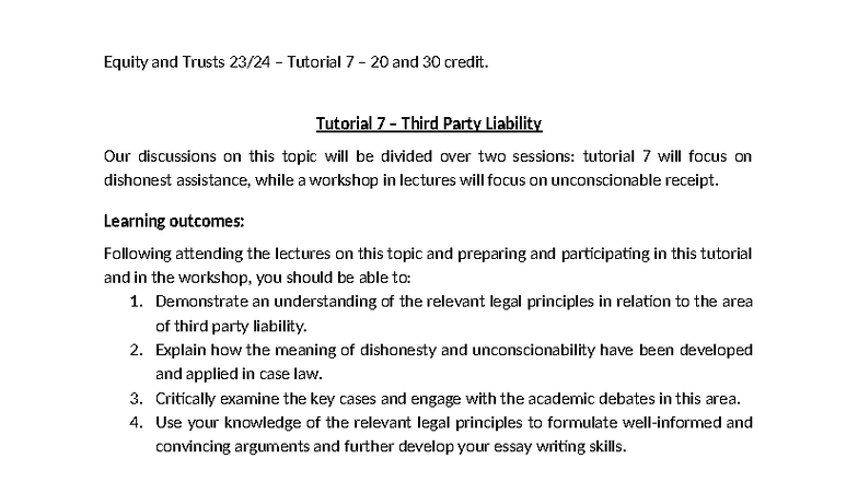 Equity and Trusts Tutorial 7: Third Party Liability Worksheet (20 & 30 ...