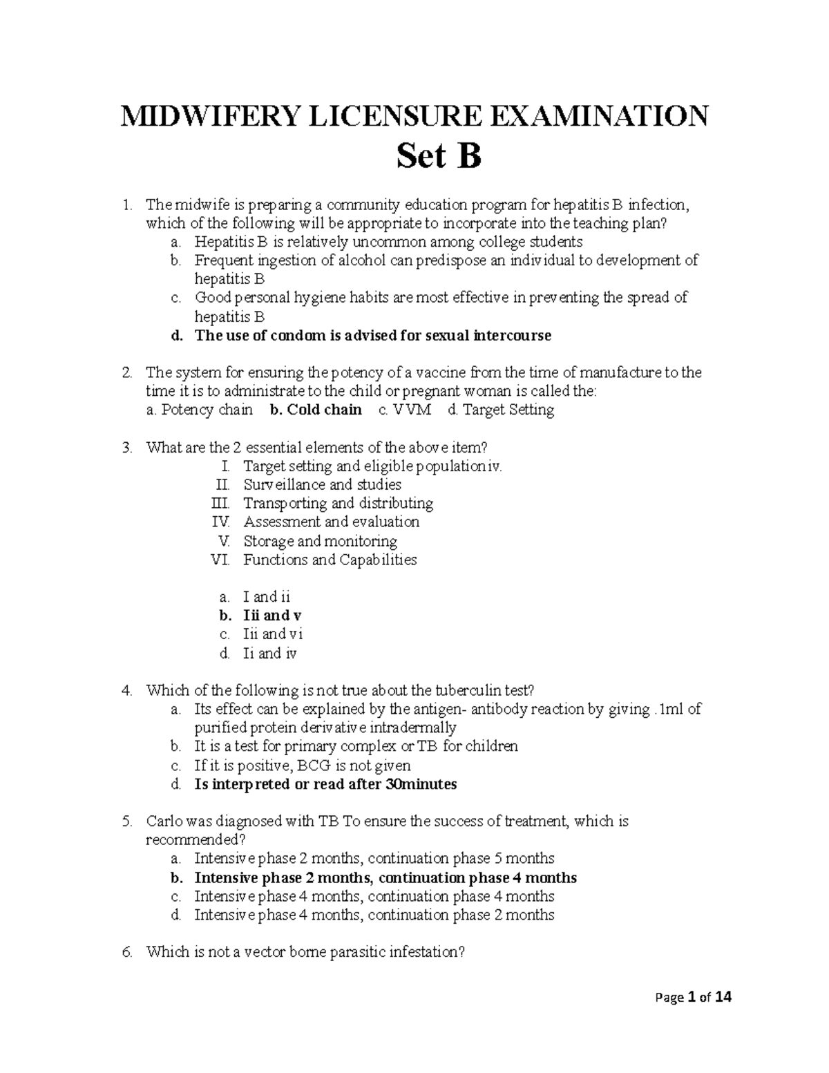 MIDWIFERY LICENSURE EXAMINATION SET B - ANSWER KEY - Studocu