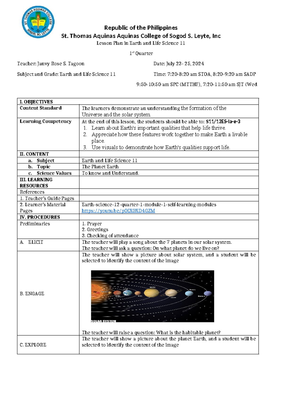 DLP- Science-11 Lesson Plan: The Planet Earth (1st Quarter) - Studocu