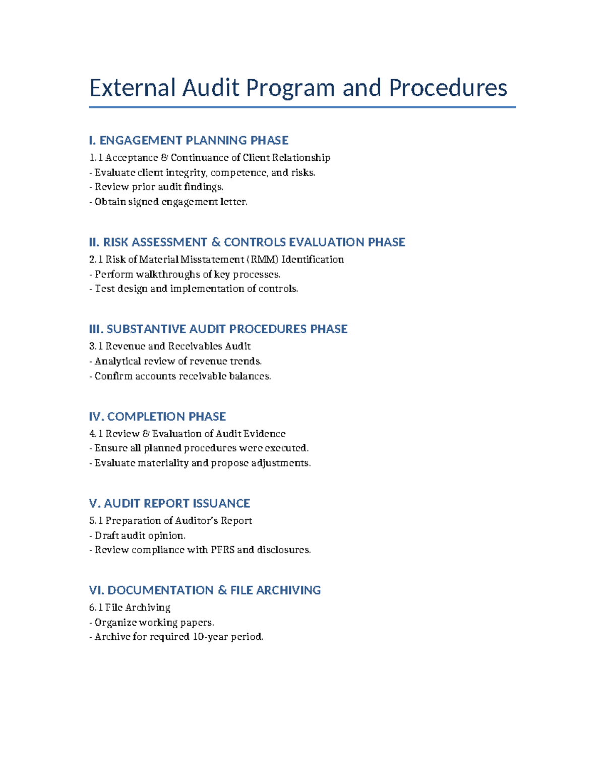 External Audit Program & Procedures: Engagement & Risk Assessment - Studocu