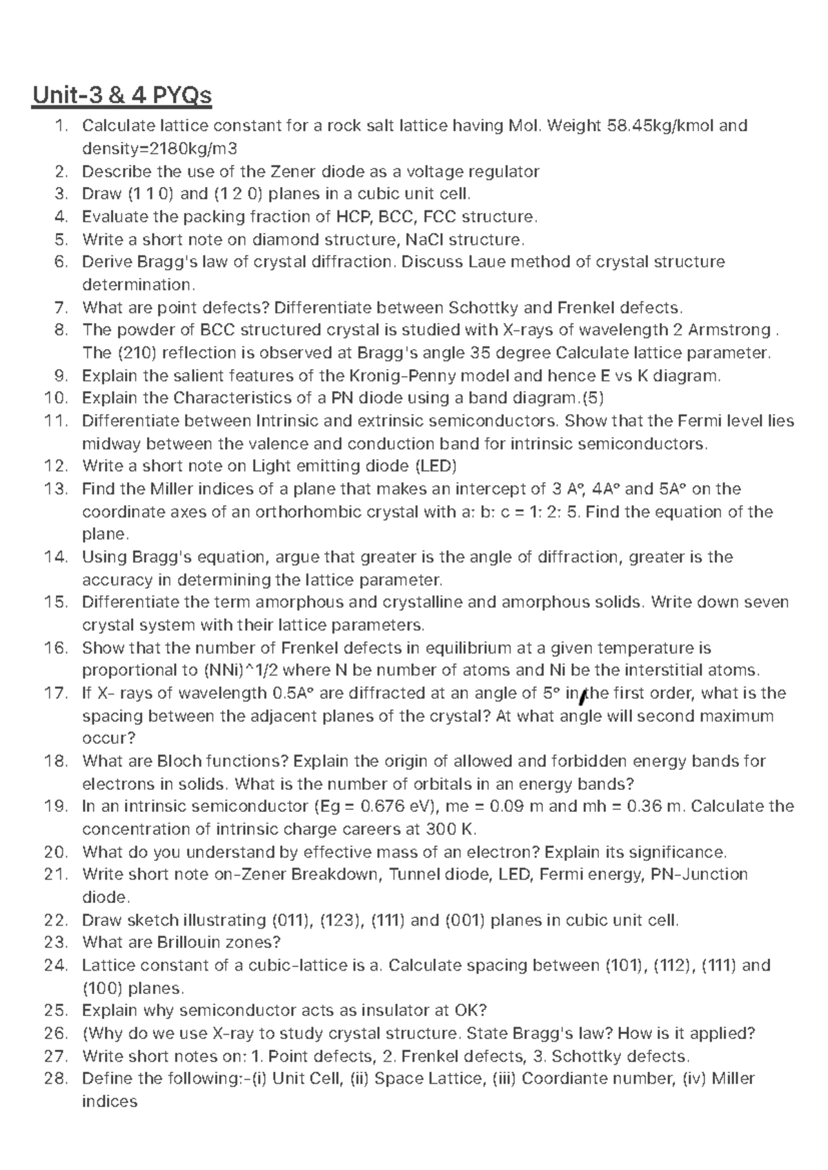 Unit-3 & 4 PYQs: Crystal Physics & Band Theory of Solids - Studocu