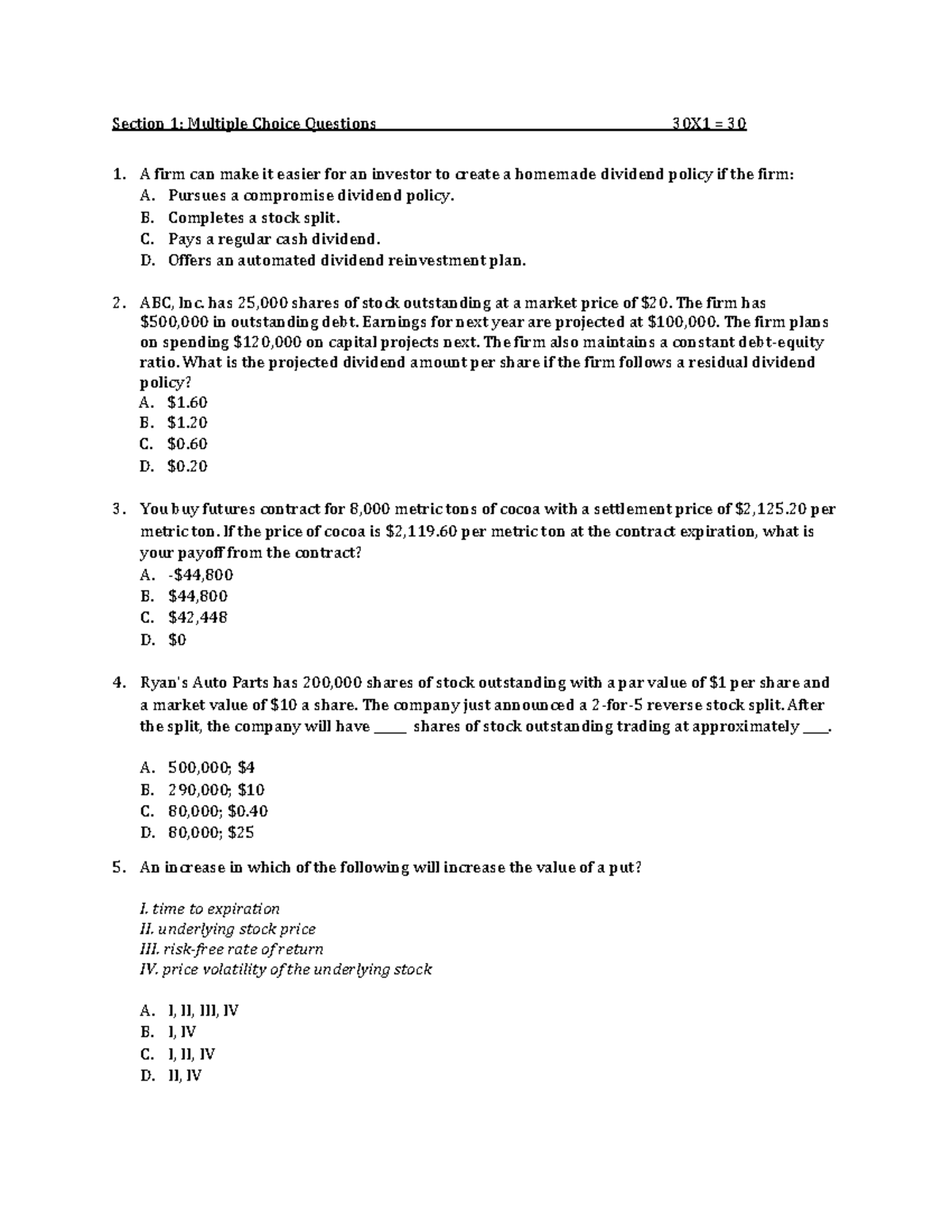 Mock Test Midterm 2: Multiple Choice Questions 30X1 - Studocu