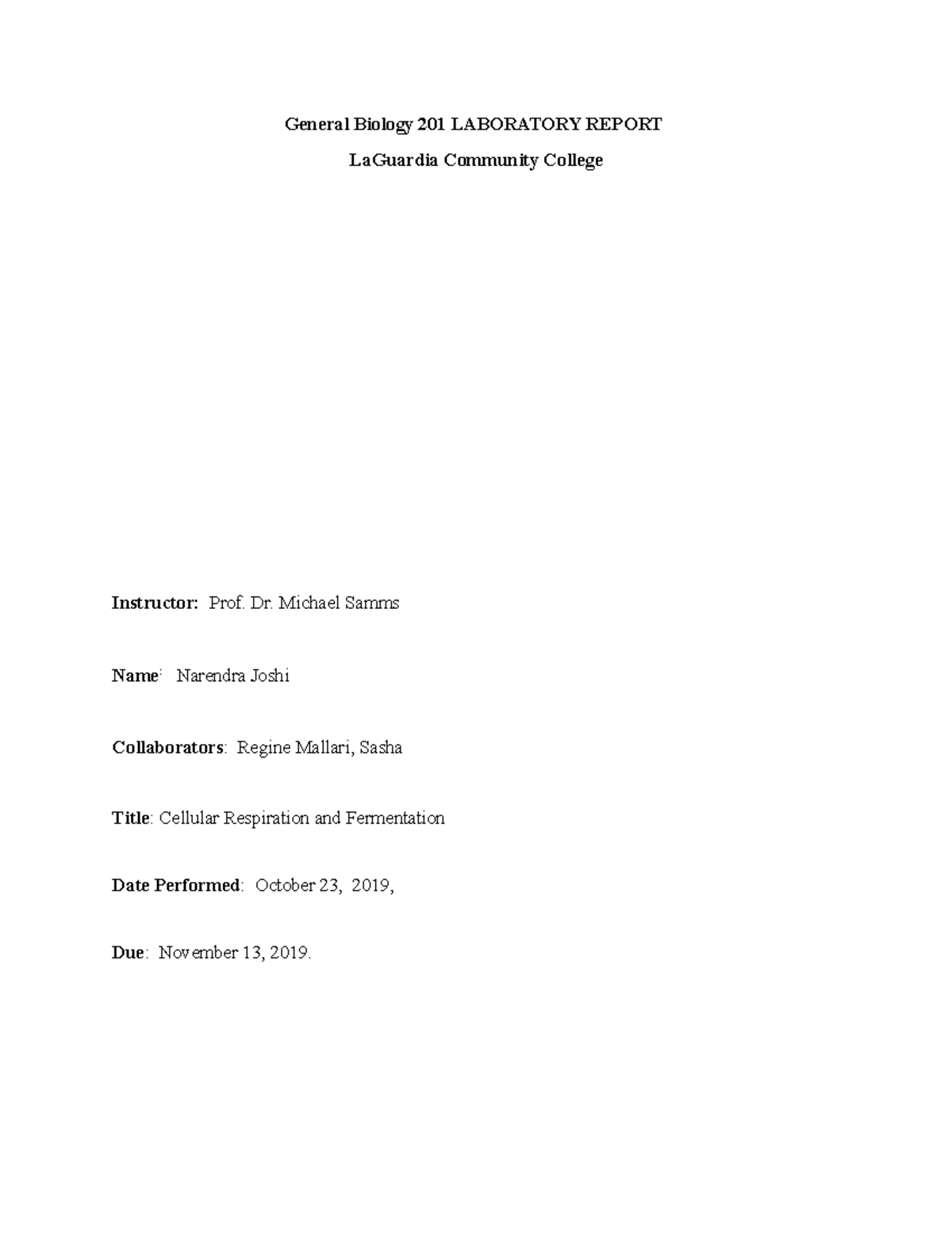 Lab Report on Cellular Respiration and Fermentation - BIO 201 - Studocu