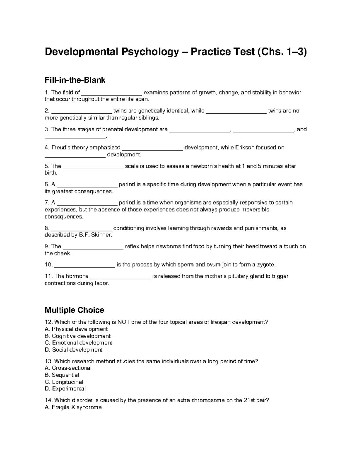 Developmental Psychology Practice Test (Ch. 1-3) - Studocu