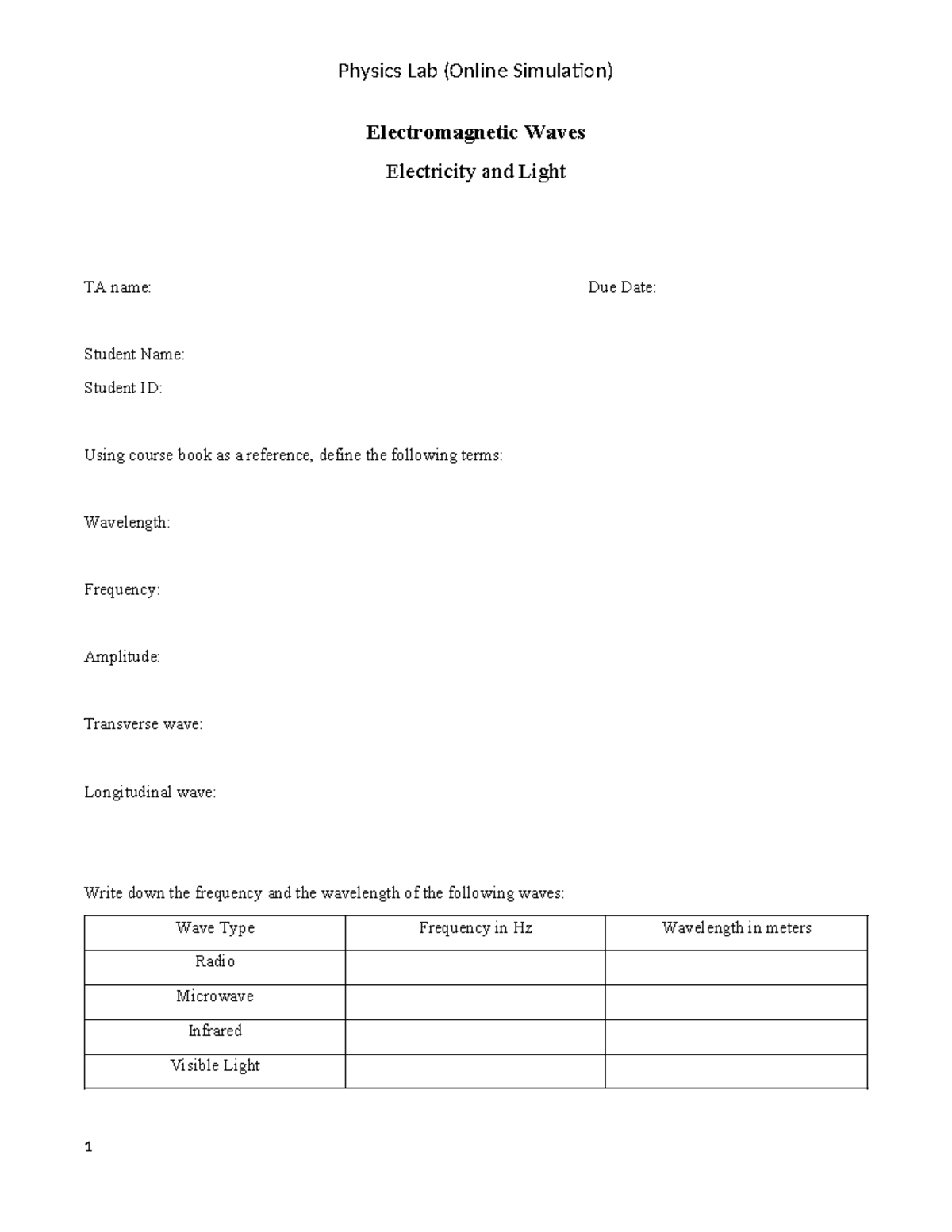 Lab 7 Electromagnetic Waves - Electromagnetic Waves Electricity and ...