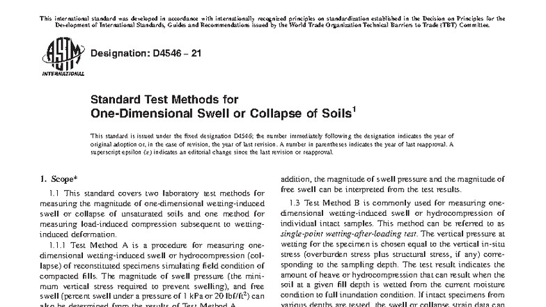 ASTM D4546-21 Standard Test Methods for Soil Swell and Collapse - Studocu