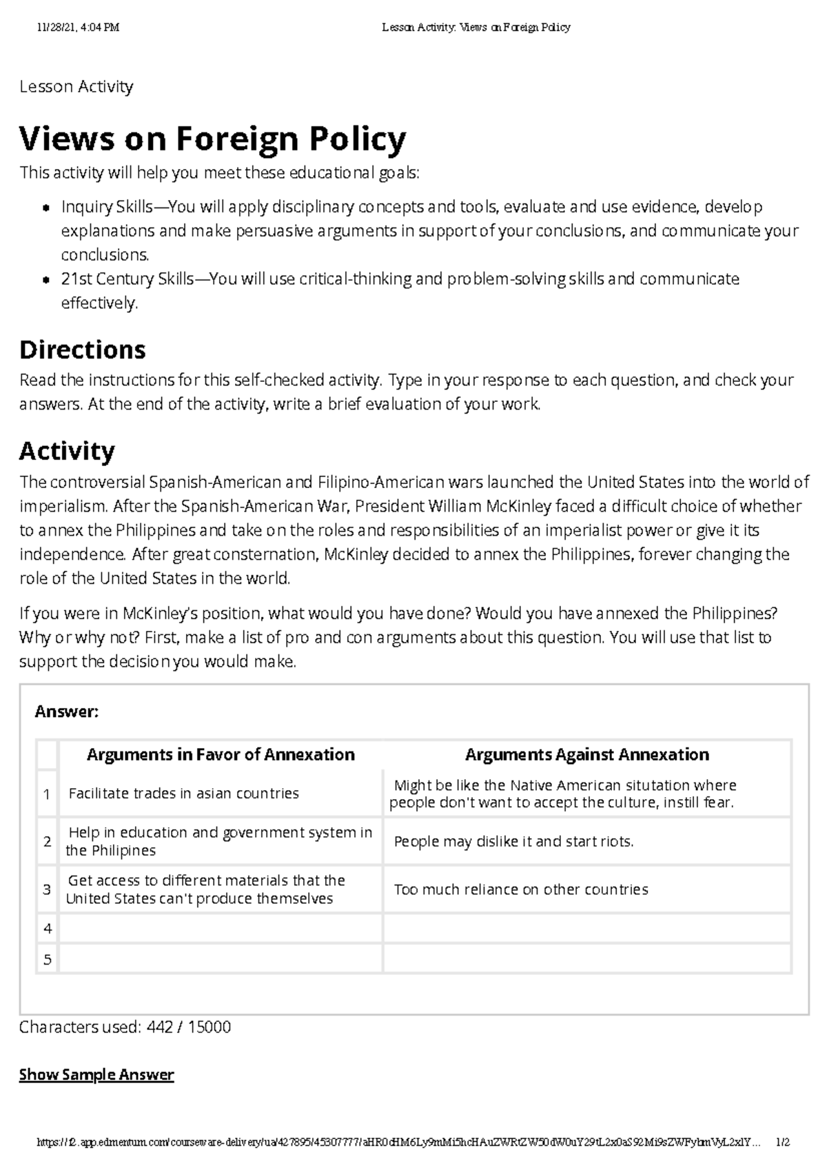 US History Since 1877 - 4:04 PM Lesson Activity: Views on Foreign ...