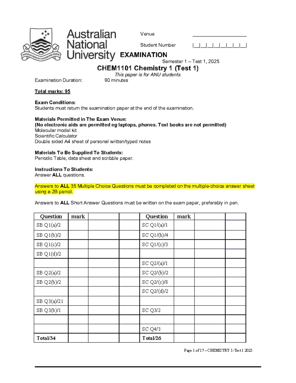 2025 CHEM1101 Chemistry 1 Test 1 Examination Guide - Studocu