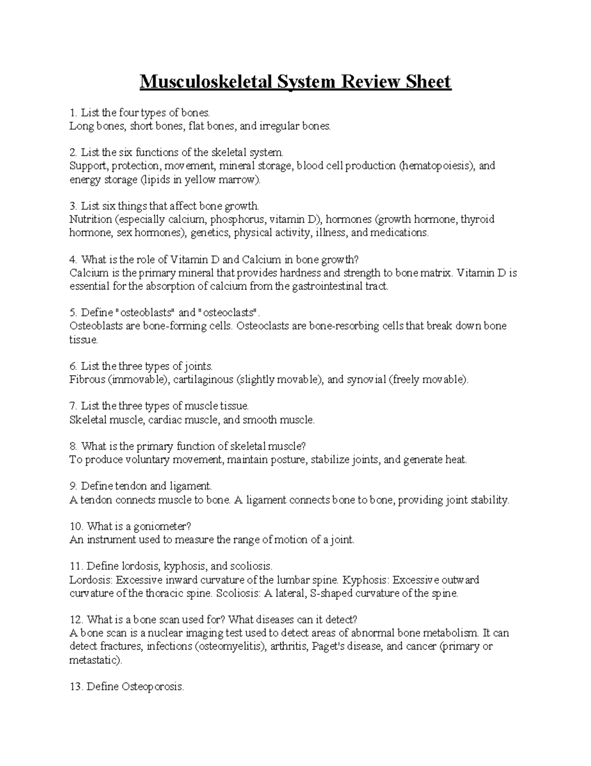 Musculoskeletal System Review Sheet: Key Concepts and Functions - Studocu