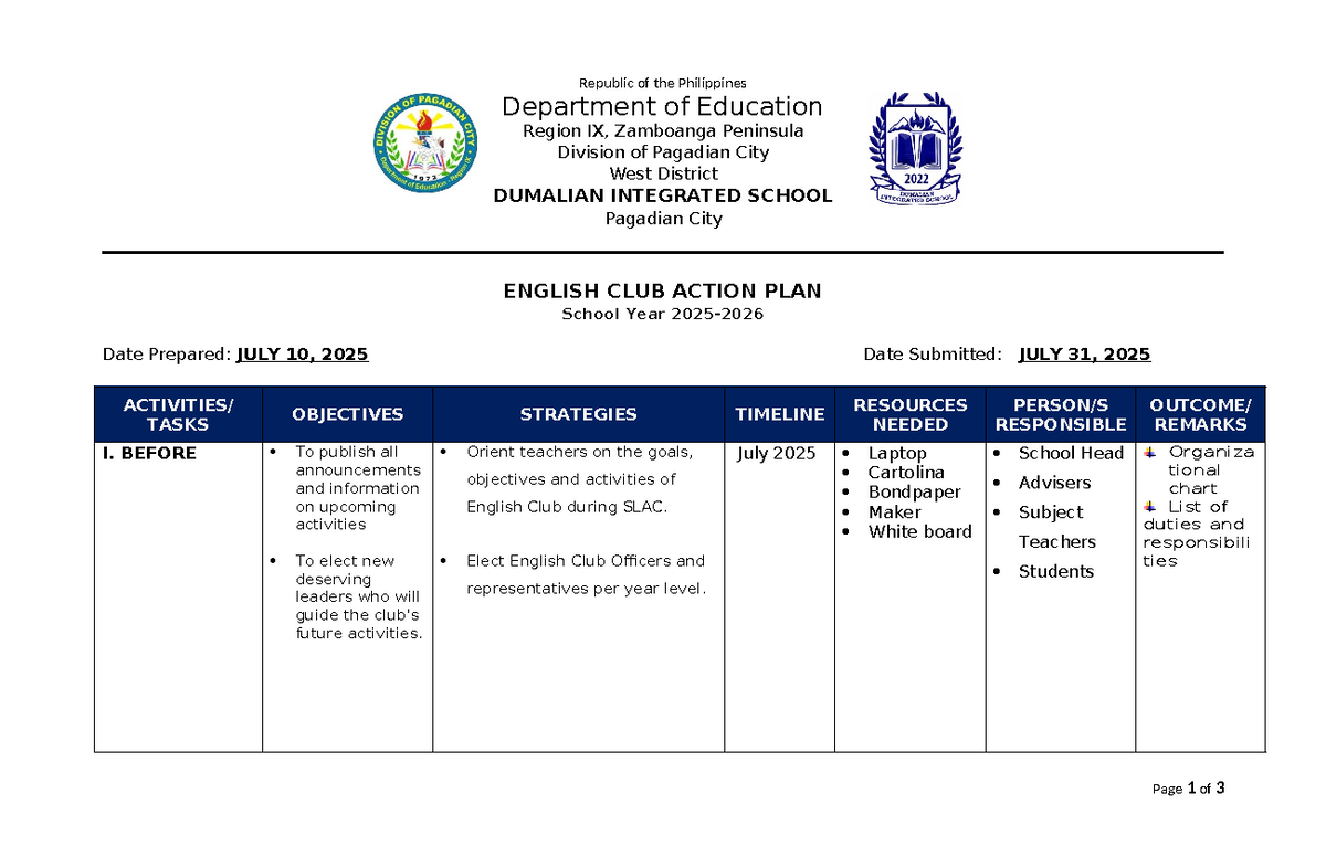 ENGLISH CLUB ACTION PLAN SY 2025 - DUMALIAN INTEGRATED SCHOOL - Studocu