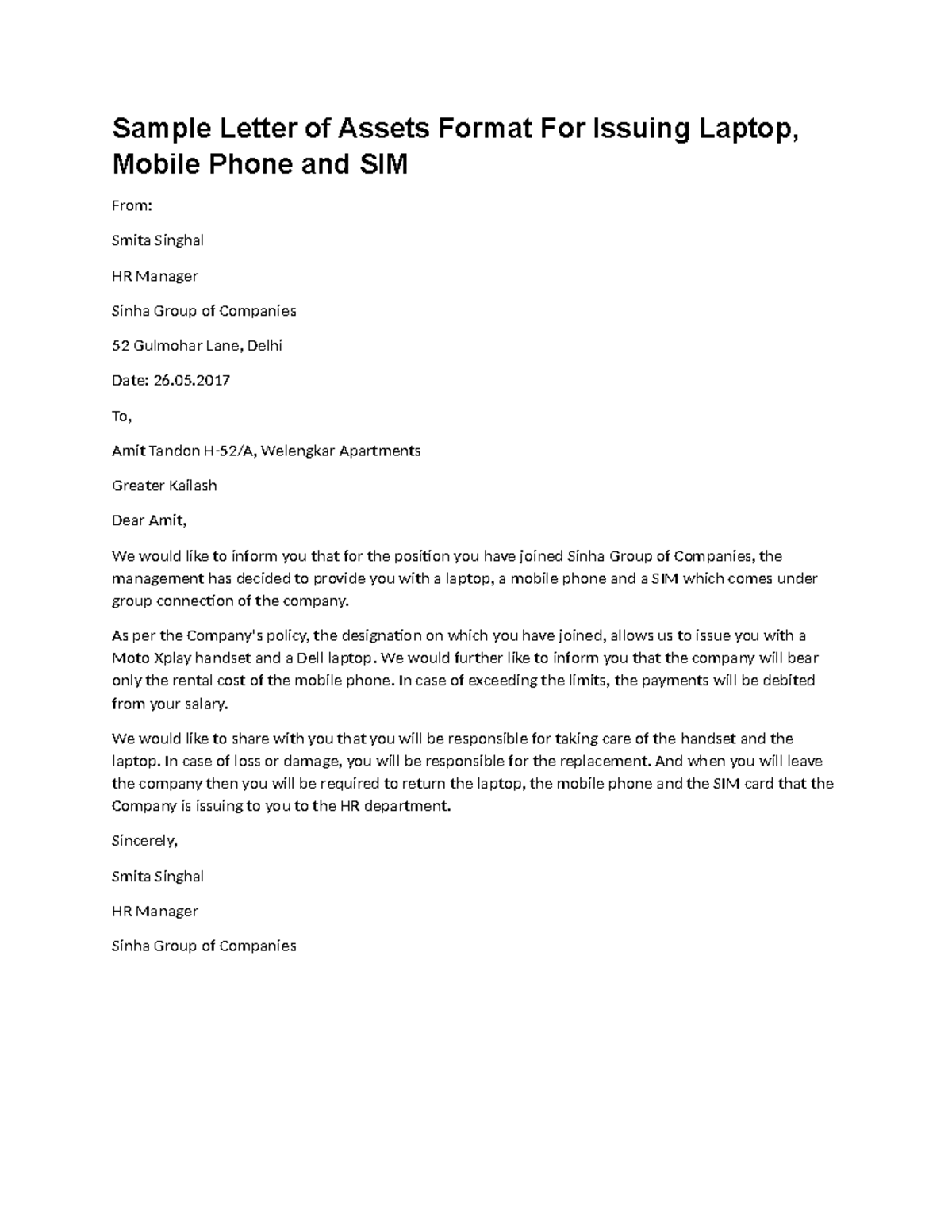 Sample Asset Issuance Letter for Laptop & Mobile - HR Format - Studocu