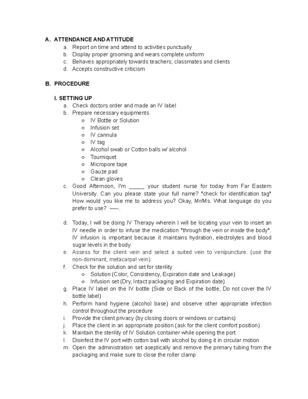 IV Therapy Retdem Script FE - A. ATTENDANCE AND ATTITUDE a. Report on ...