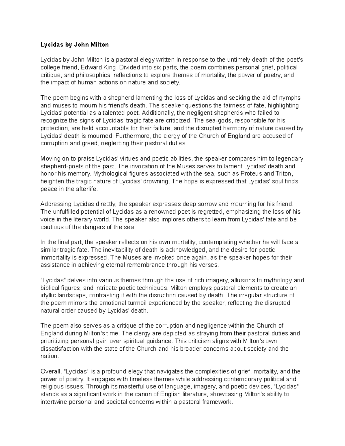 Lycidas by John Milton - Detailed Summary & Analysis (Functional ...