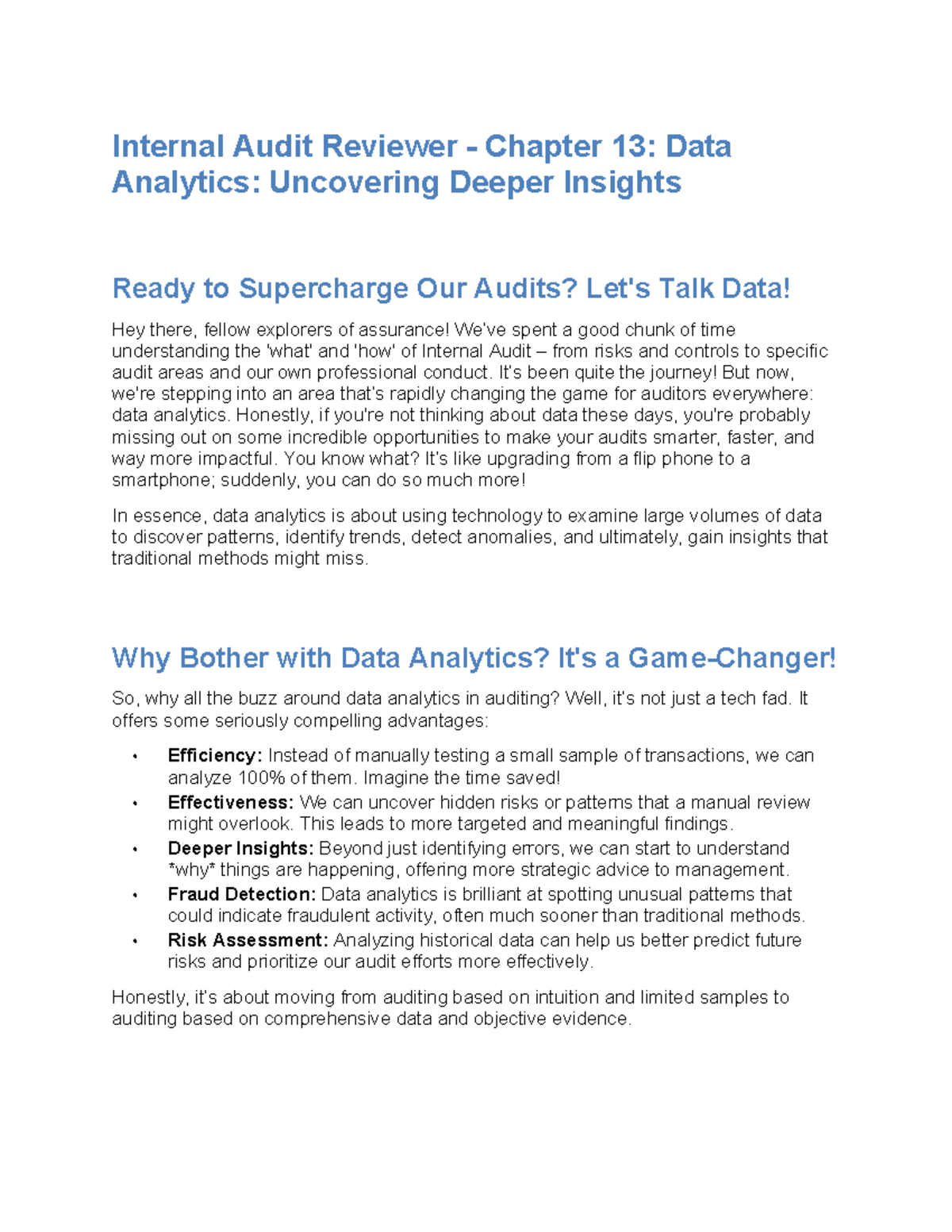 Internal Audit Essentials: Chapter 13 - Data Analytics Insights - Studocu