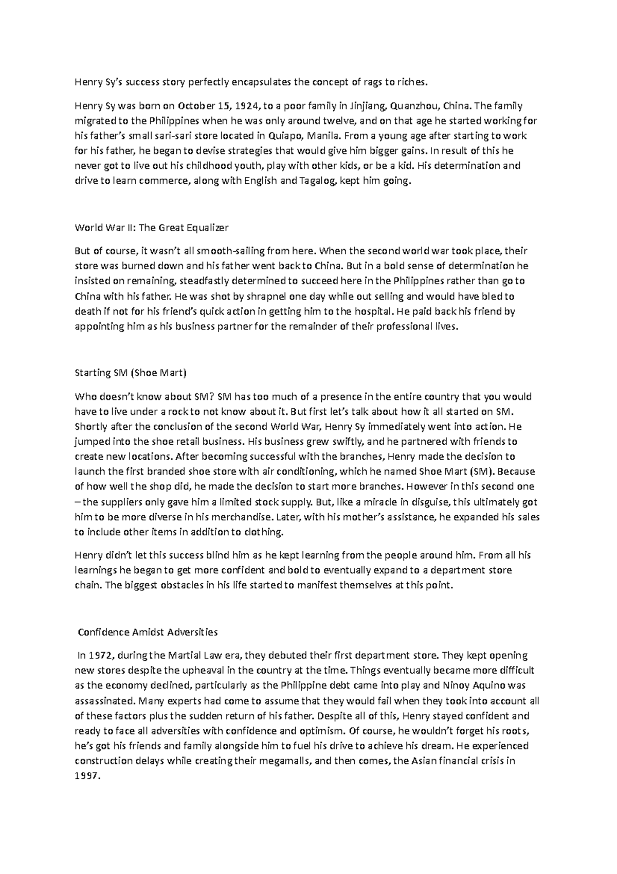 Case Study 2: The Inspiring Success Story of Henry Sy - Studocu