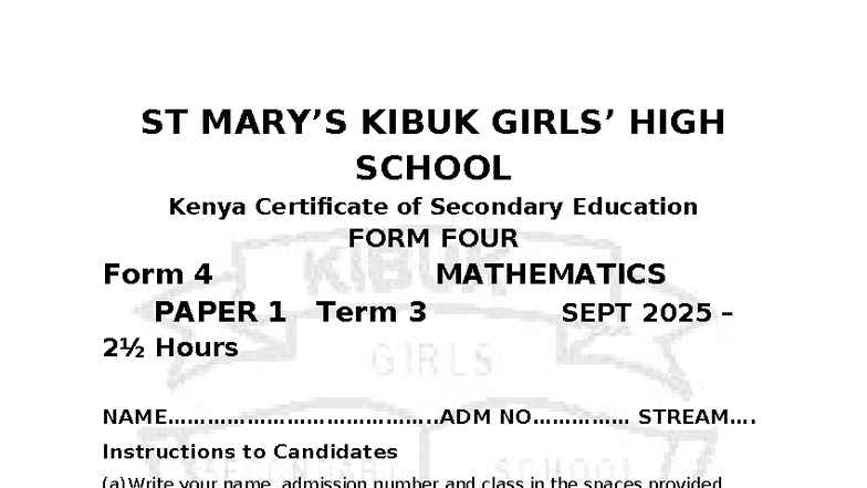 F4MPP1 - Form Four Mathematics Paper 1 Term 3 Exam 2025 - Studocu