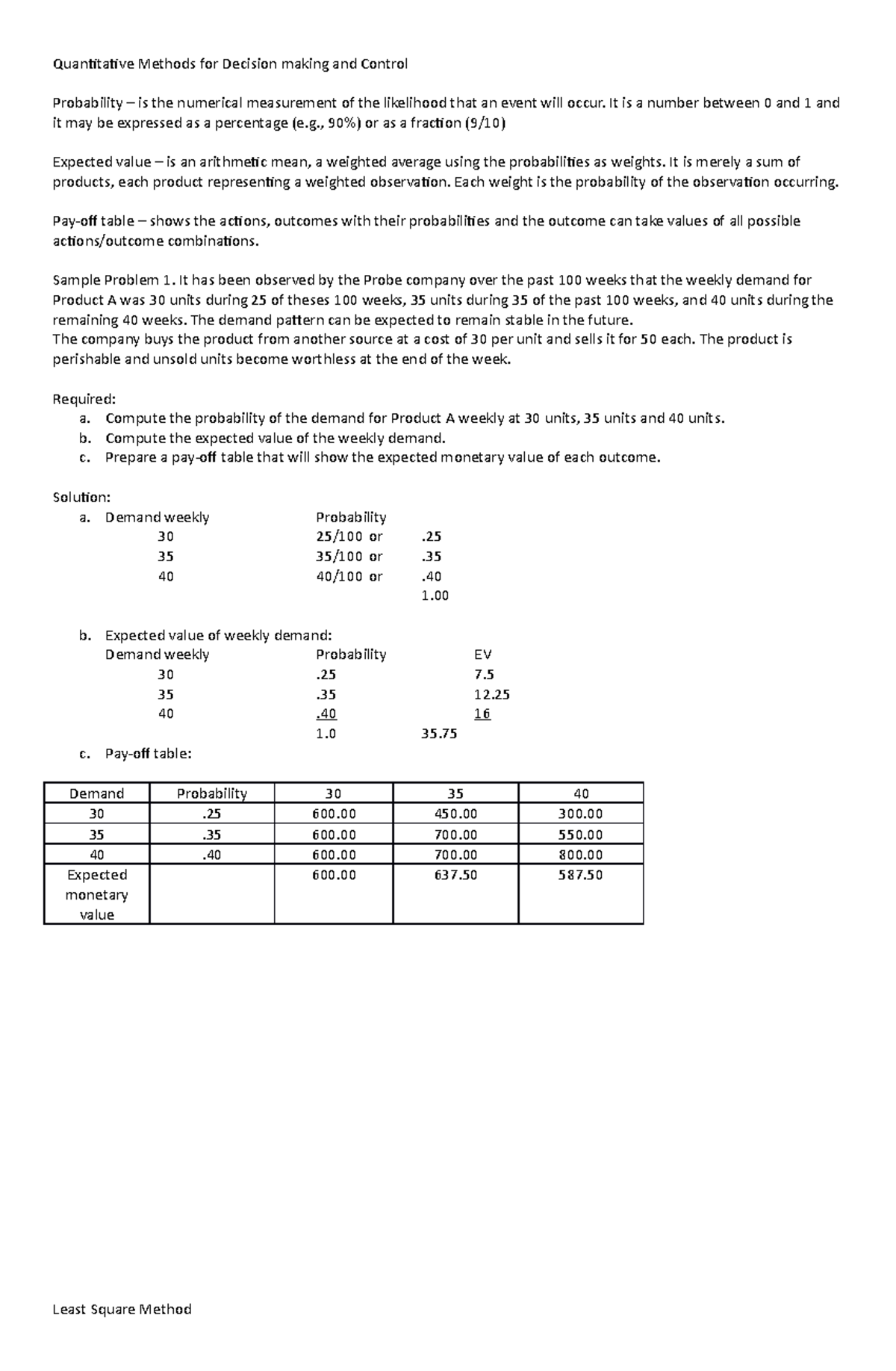 Quantitative Methods for Decision Making: Probability & Pay-off Tables ...