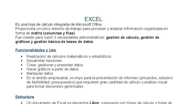 Resumen de Excel: Funciones y Uso en Microsoft Office - Studocu