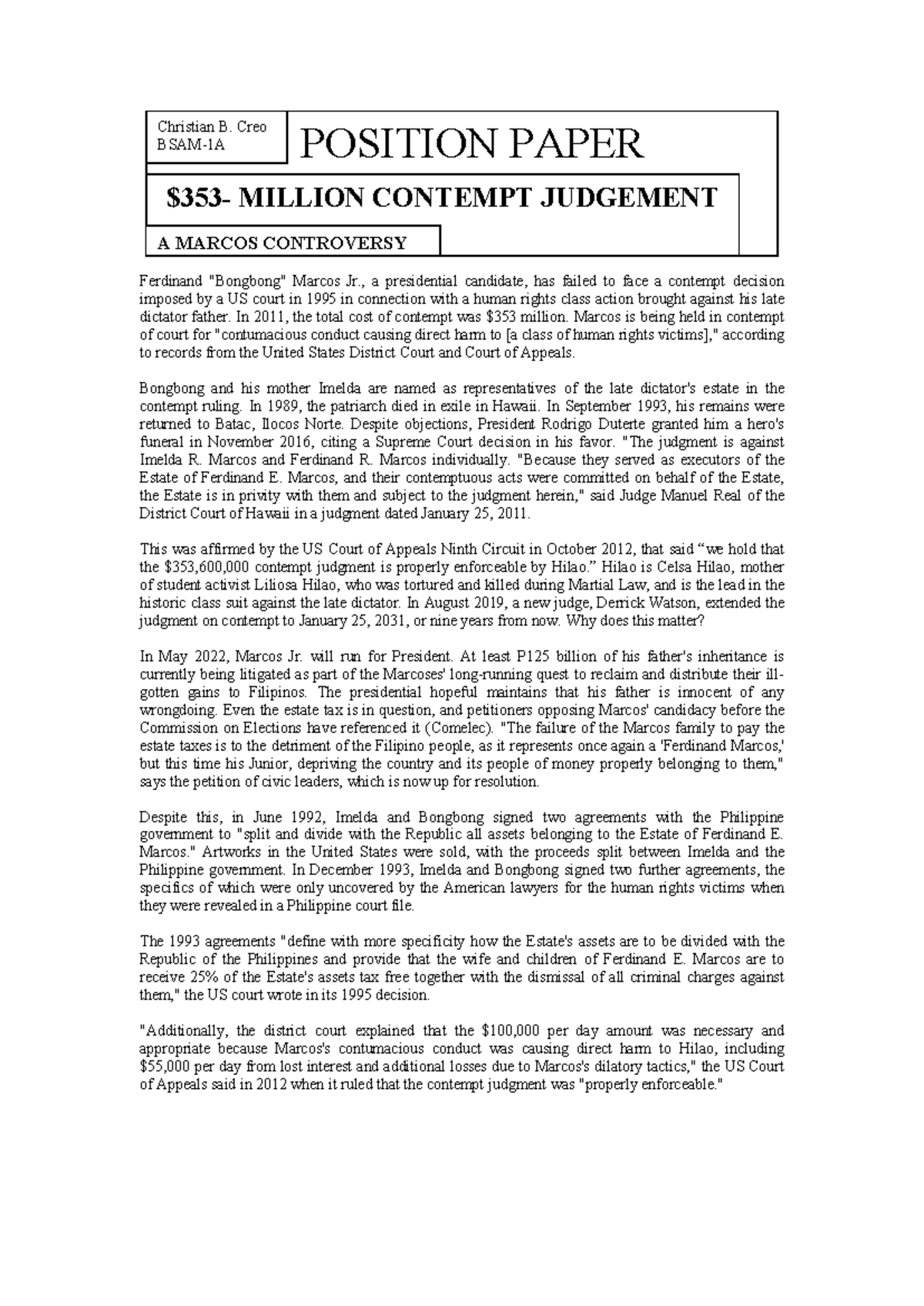 Position Paper: $353 Million Contempt Judgment - Marcos Controversy ...