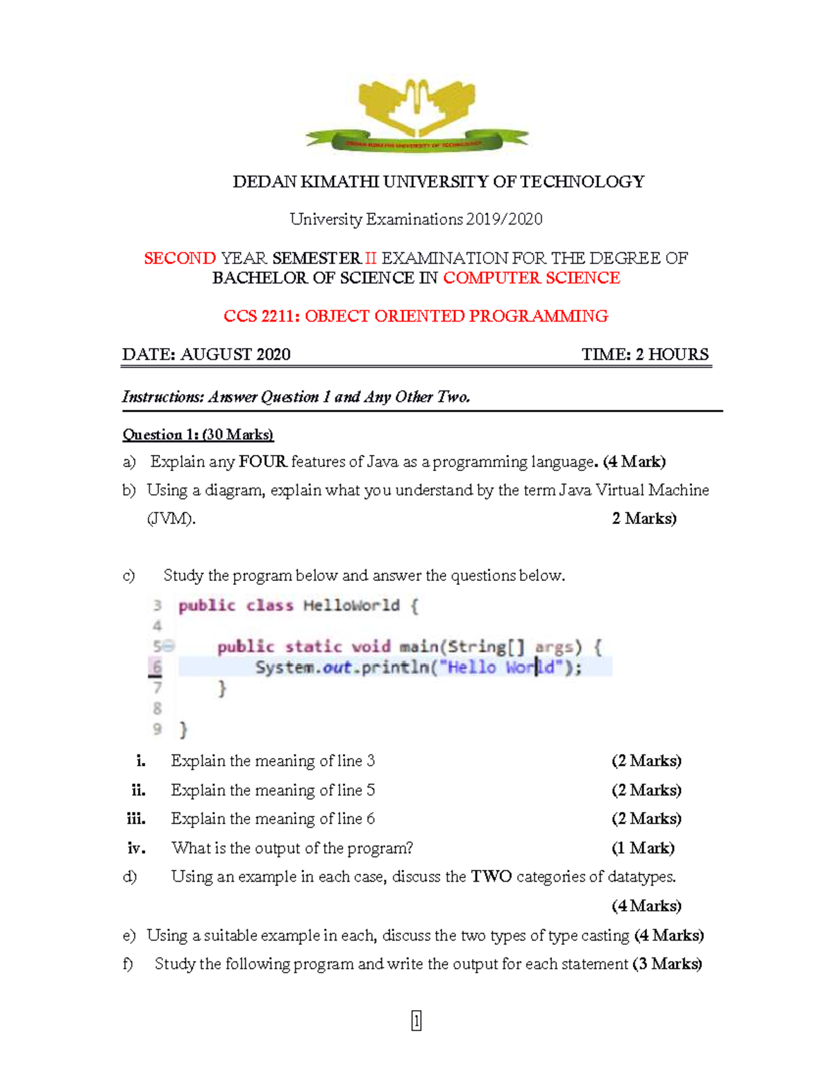 CCS 2211: OOP Final Exam Question Paper - August 2020 - Studocu