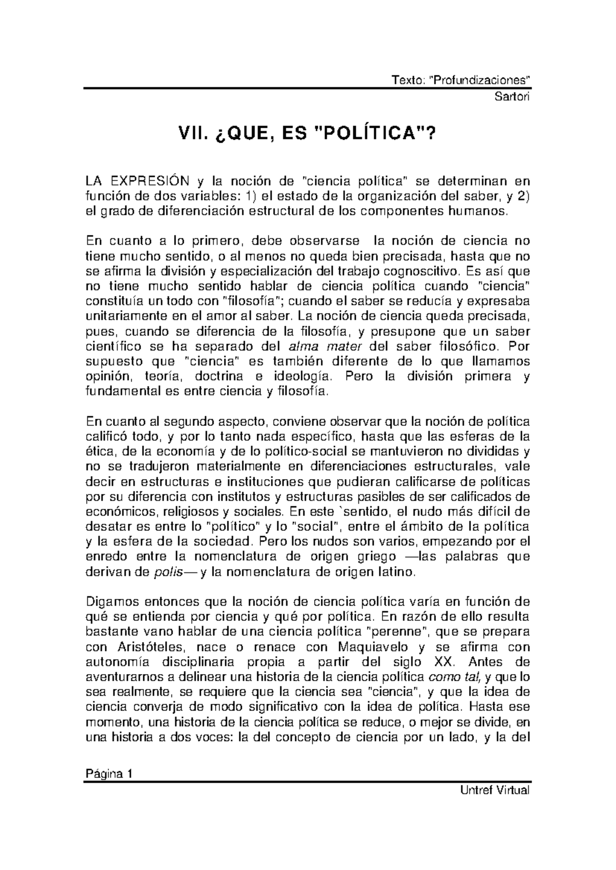 Sartori VII: La Autonomía de la Política y su Evolución Histórica - Studocu