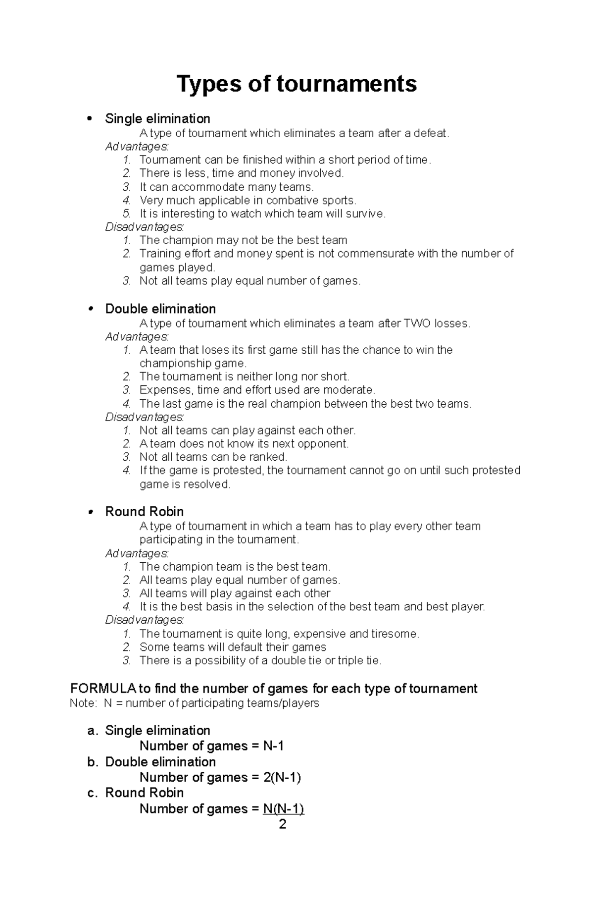 Types of tournament elimination - Health education - Studocu