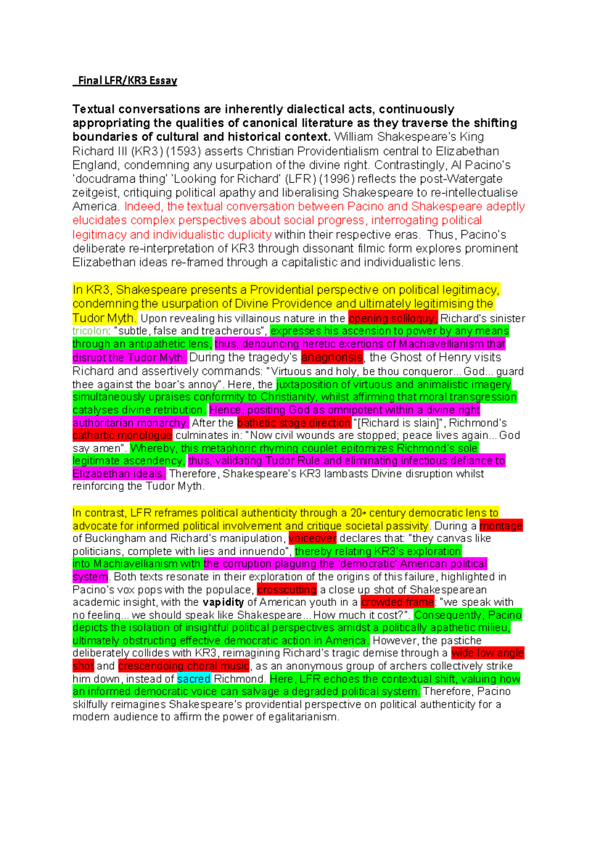 Final Essay: Dialectical Textual Conversations in KR3 & LFR - Studocu